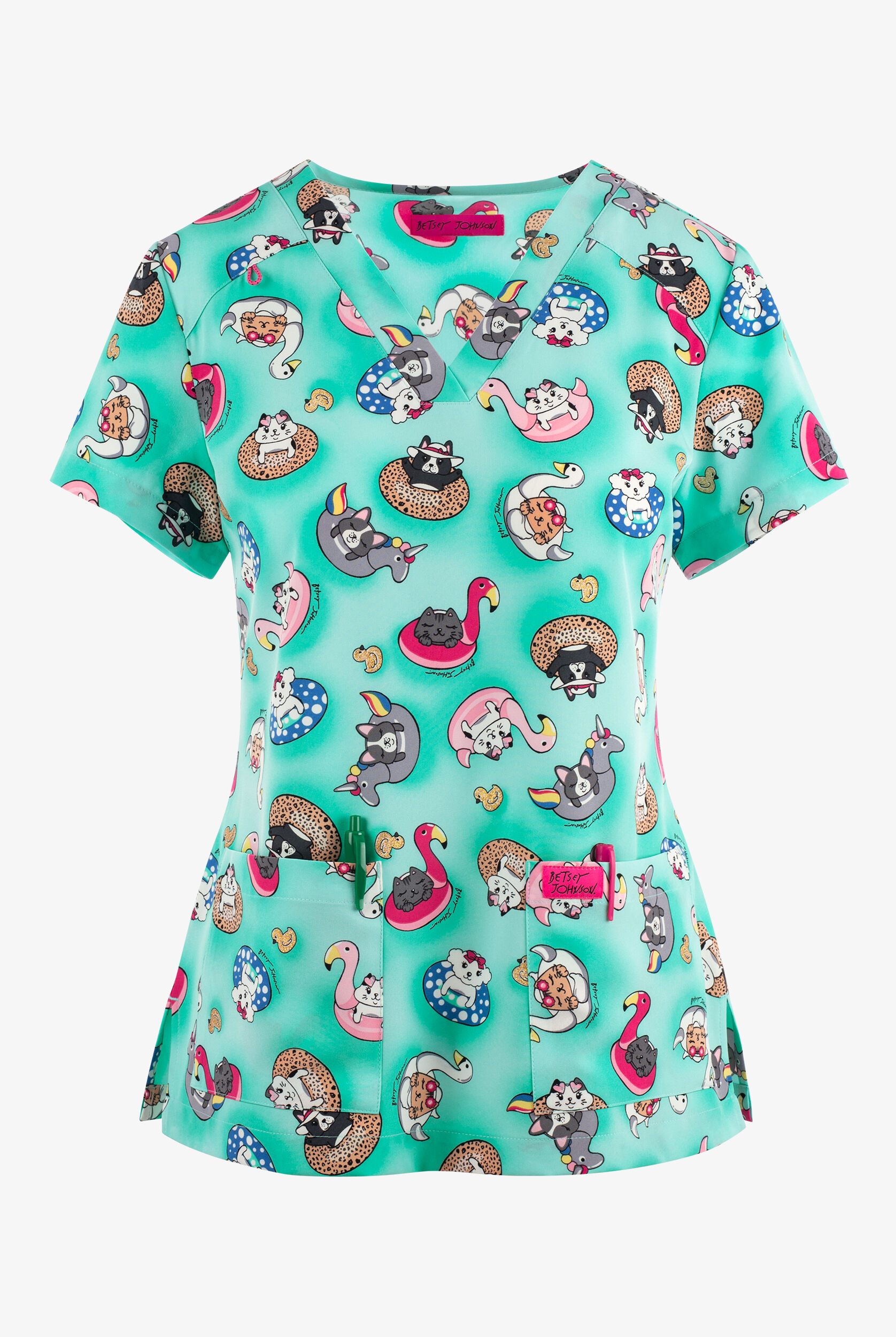 Betsy Johnson Dog's Pool Pawty Women's 2-Pocket STRETCH V-Neck Print ...