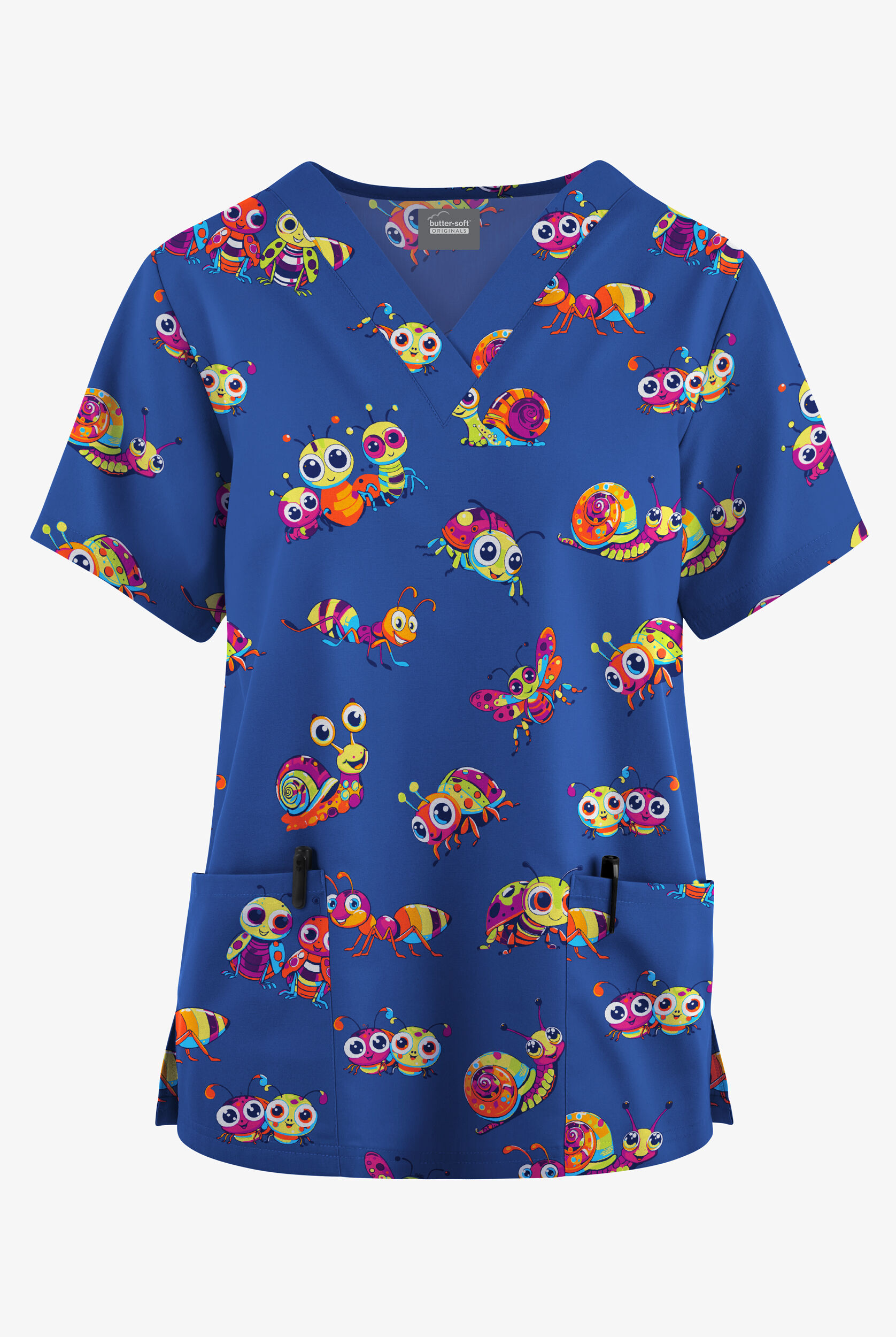 Butter-Soft Originals Bug Parade Royal Women's 2-Pocket V-Neck Print ...