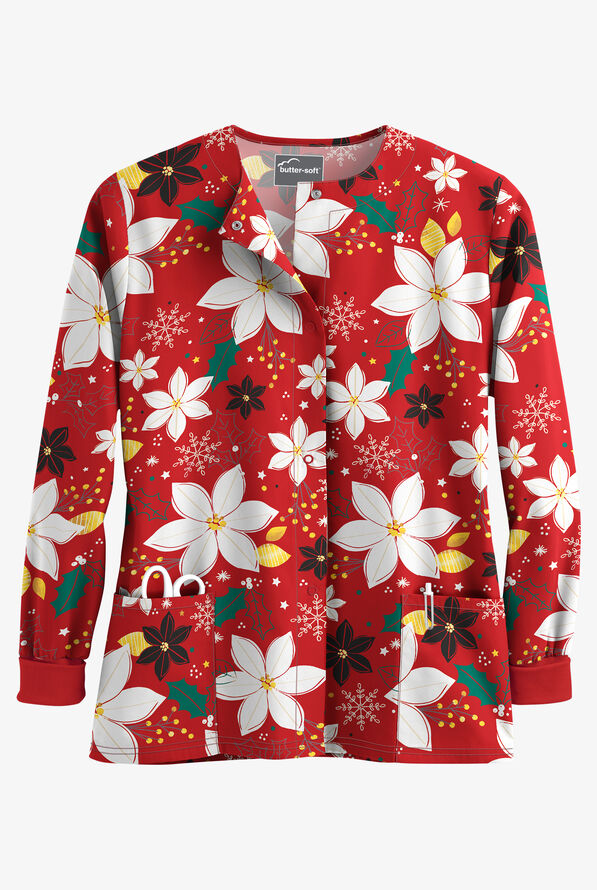 UA Butter-Soft Holiday Poinsettia Red Print Jacket, Holiday Scrubs