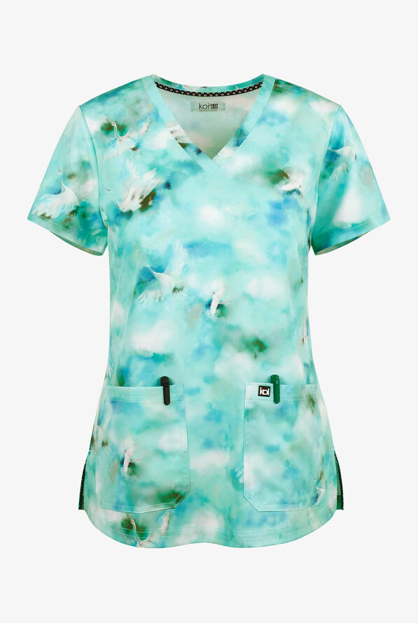 koi Next Gen Soaring Cranes Marble Women's 2-Pocket STRETCH V-Neck ...