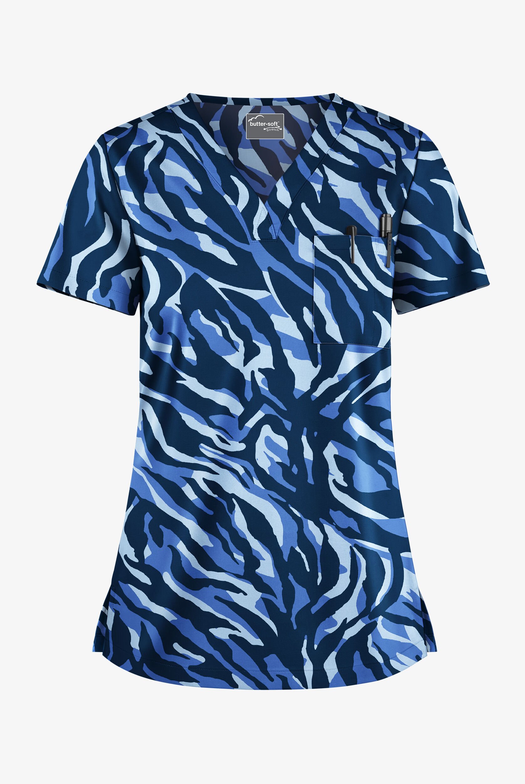 UA Butter-Soft STRETCH Zebra Camo Navy Women's 1-Pocket V-Neck Tuck-In ...