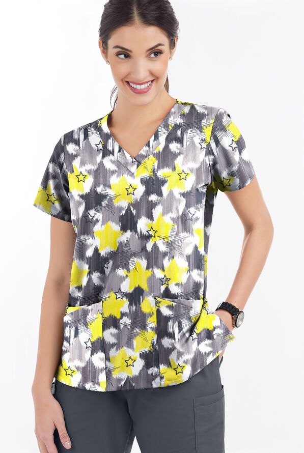 UA Butter-Soft Shining Stars White Printed Women's 4-Pocket Rounded V ...