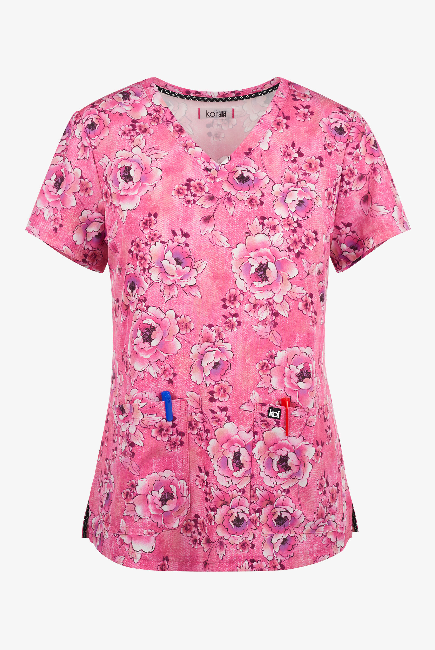 koi Next Gen Denim Floral Women's 2-Pocket STRETCH V-Neck Print Scrub ...