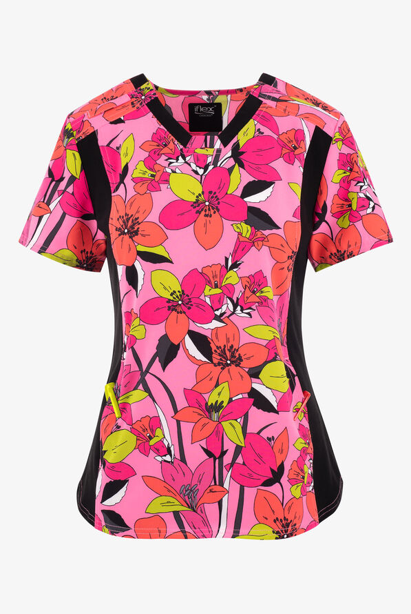 Cherokee iflex Retro Blooms STRETCH Print Scrub Top, Floral Scrubs
