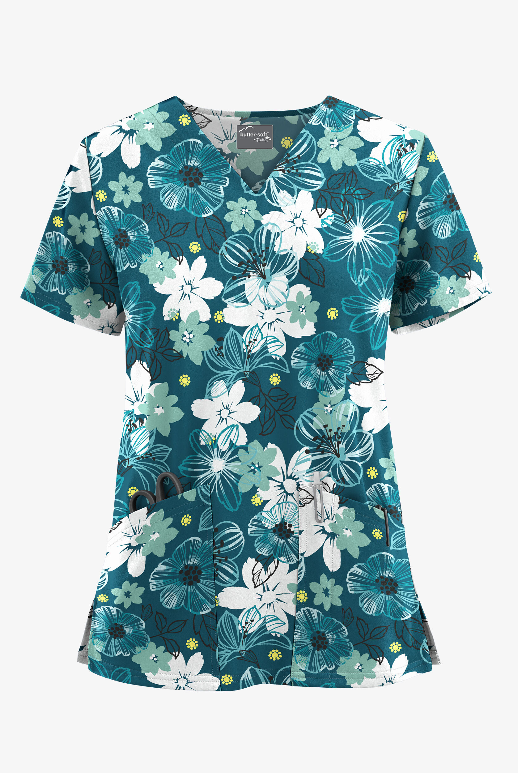 UA Butter-Soft STRETCH Flower Mirage Caribbean Blue Women's 2-Pocket V ...