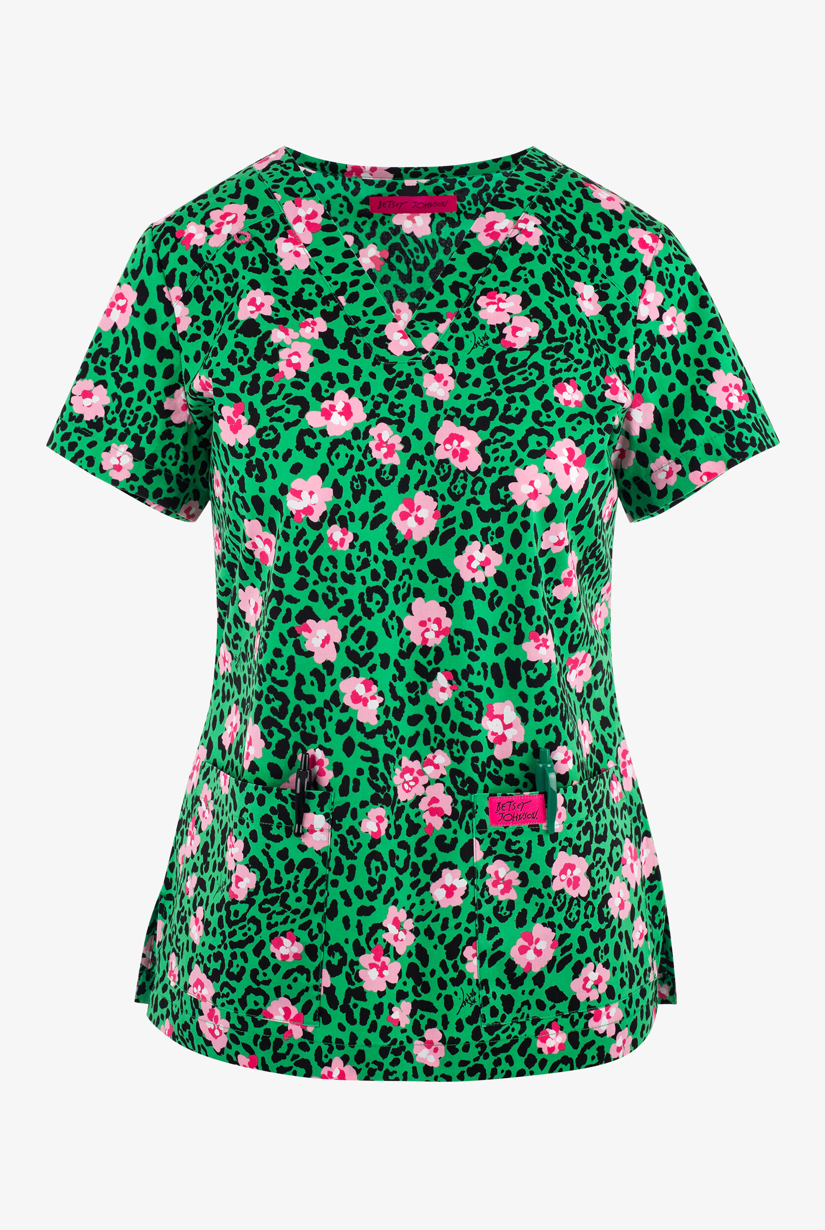 Betsey Johnson Leopard Flora Women's 2-Pocket STRETCH V-Neck Print ...