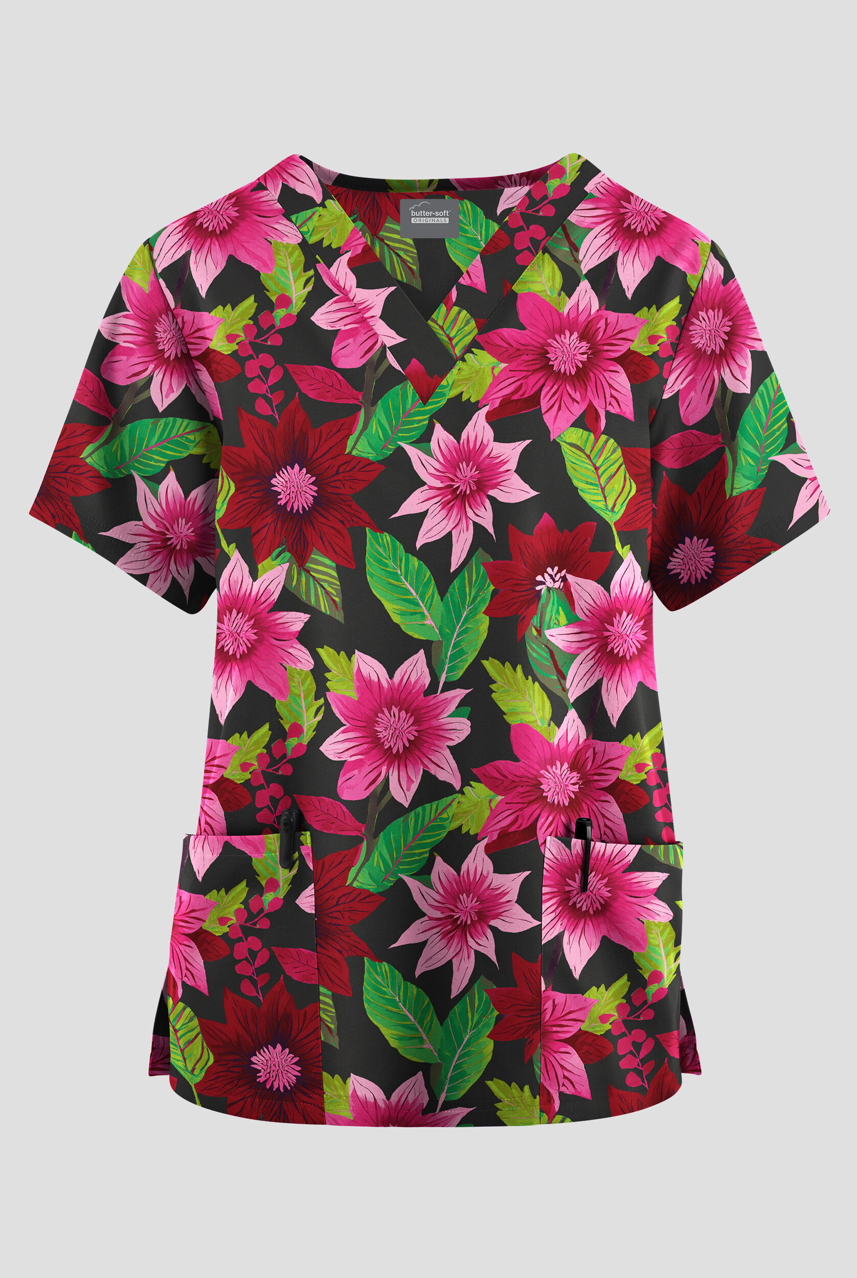 Butter-soft Originals Pretty Poinsettia Women's 2-Pocket V-Neck Print Scrub Top, Floral Scrubs