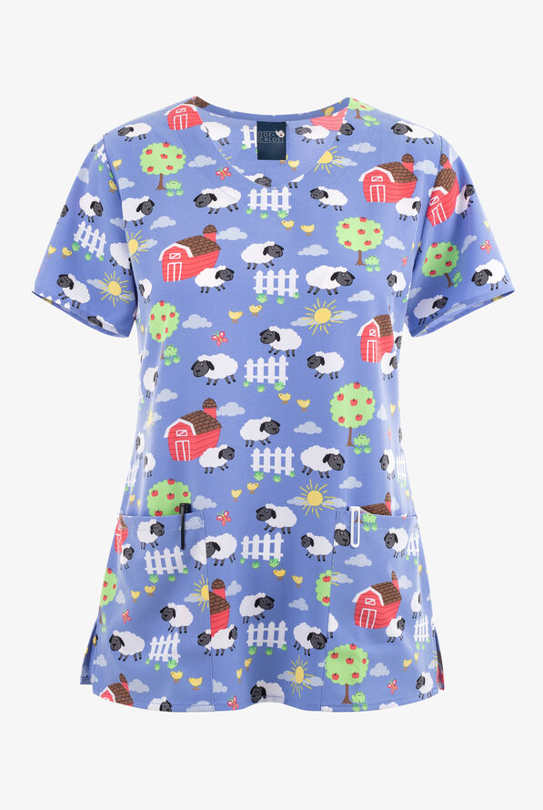 Zoe & Chloe Sheeps and Chicks Women's 2-Pocket STRETCH V-Neck Print ...