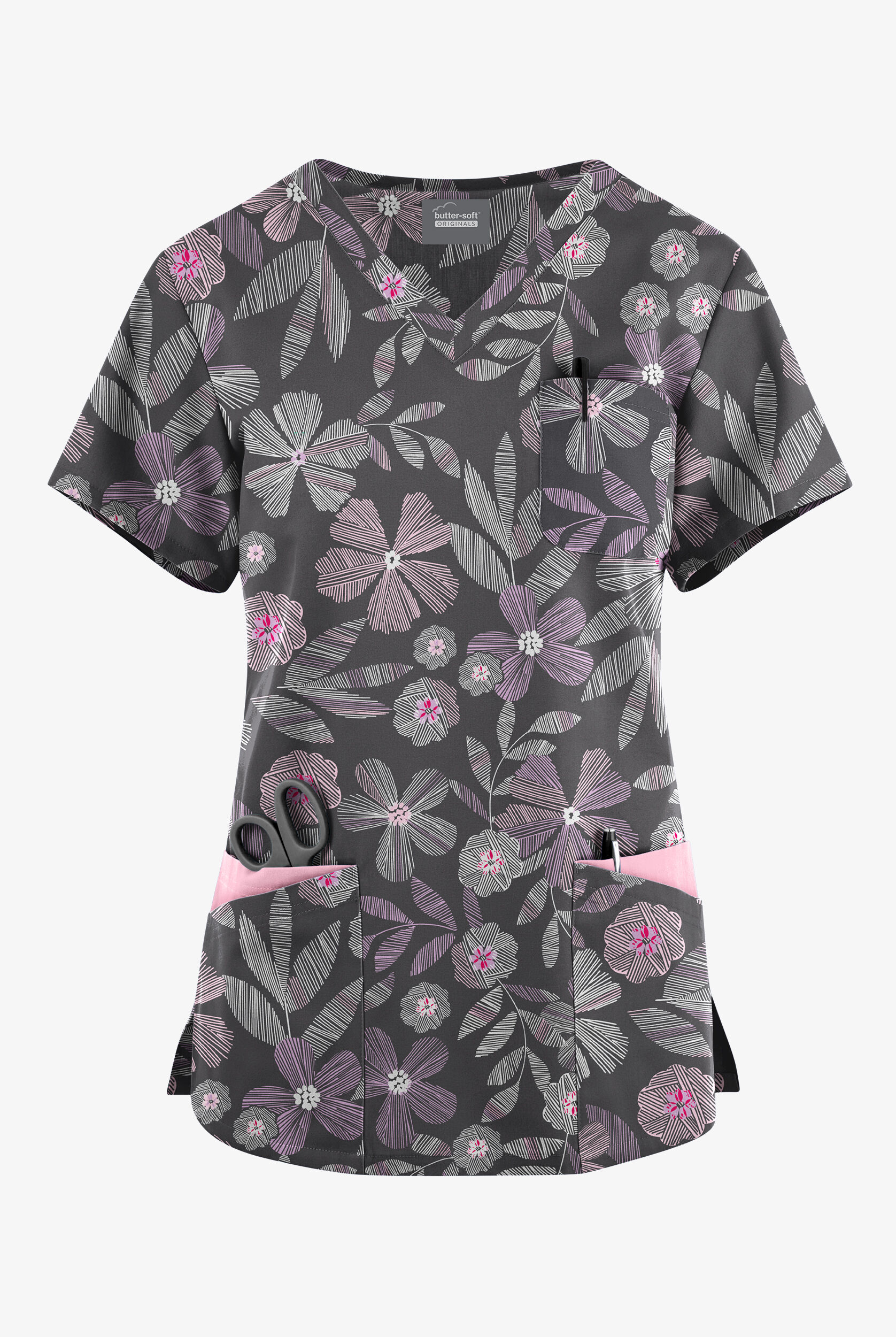 Butter-Soft Linear Floral Pewter Women's 7-Pocket Rounded V-Neck Print ...