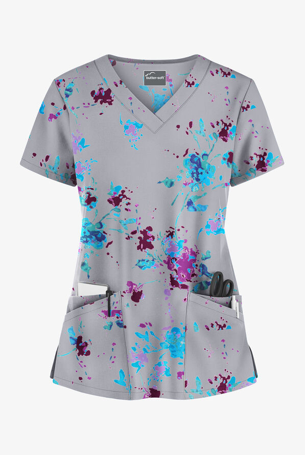 Butter-Soft Floral Splash Silver V-Neck Print Scrub Top, Print Scrubs