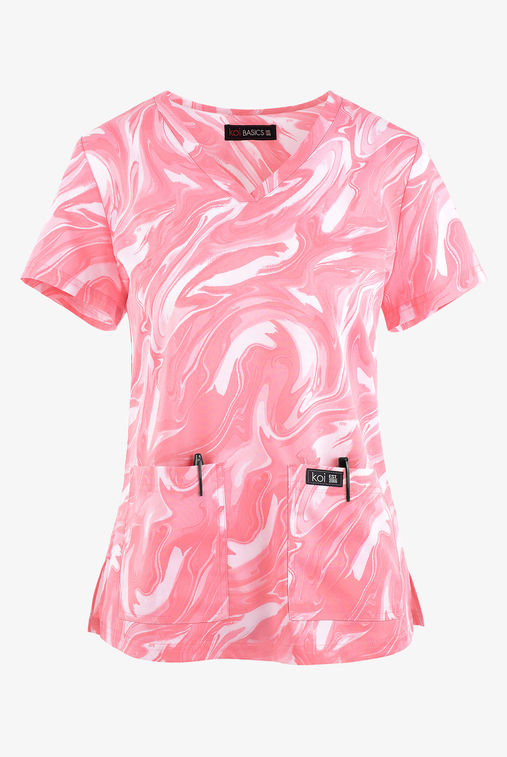 koi Basics Leslie Soft Pink V-Neck Print Scrub Top, Print Scrubs