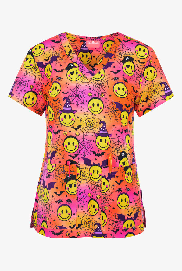 Zavate Ava Therese Spooky Smiles Women's 2-Pocket V-Neck Print Scrub ...