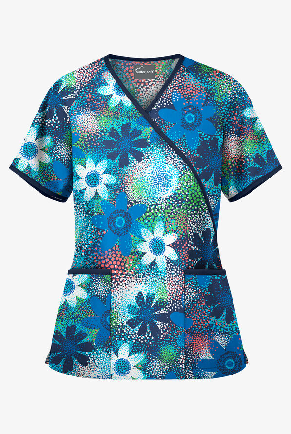 UA Butter-Soft Pop Art Floral Navy Women's 2-Pocket Mock Wrap Print ...