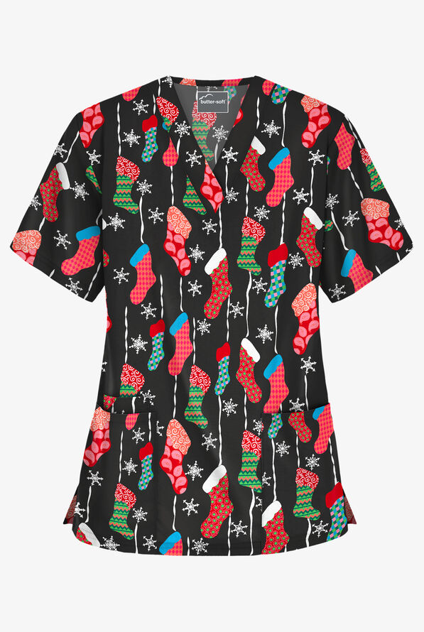 UA Butter-Soft Waiting For Santa Black Printed Women's 3-Pocket V-Neck ...