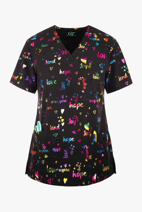 Green Town Inspired Foil Hearts Women's 3-Pocket STRETCH V-Neck Print ...