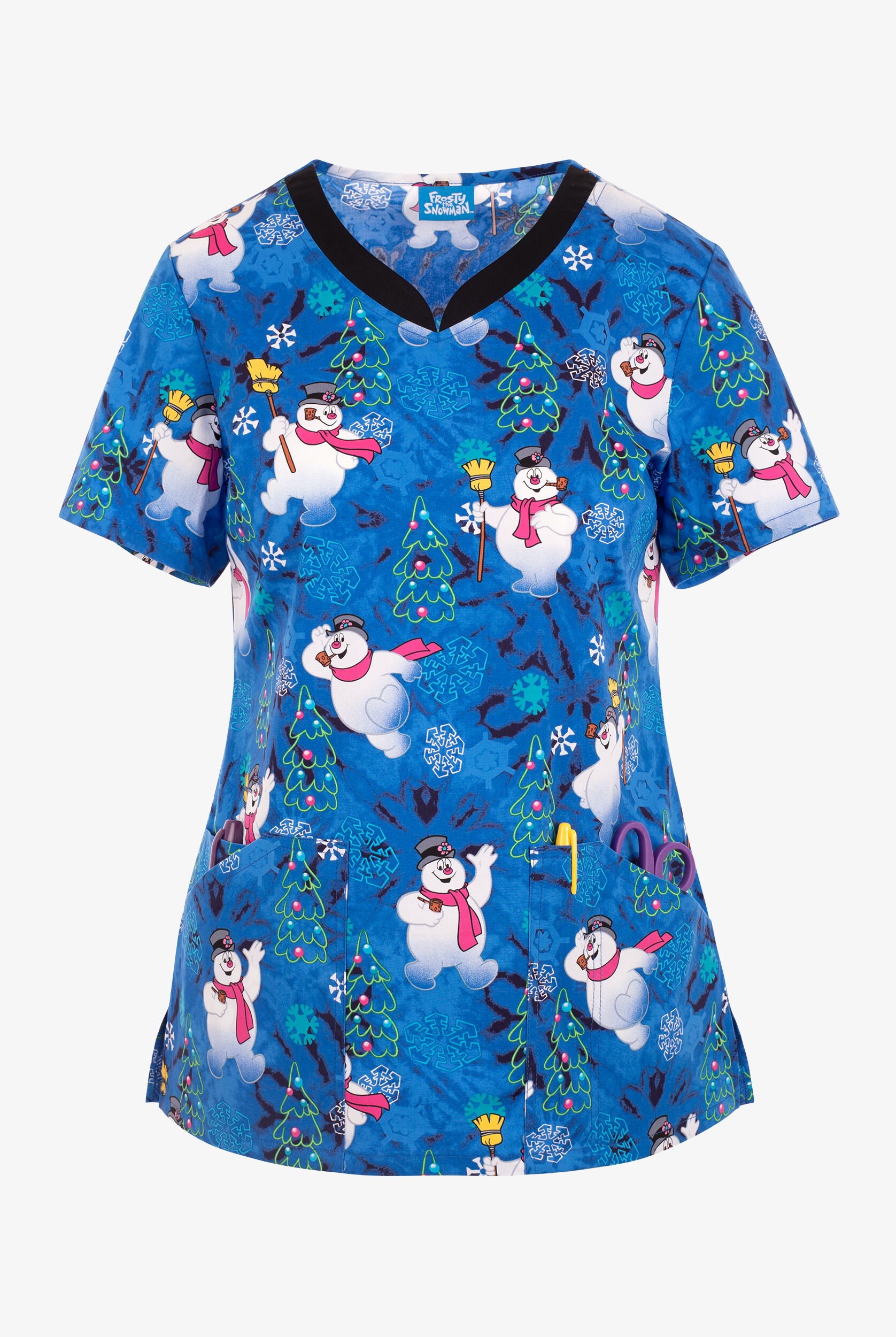 Tooniforms Fun Frosty The Snowman Women's 3-Pocket STRETCH V-Neck Print ...