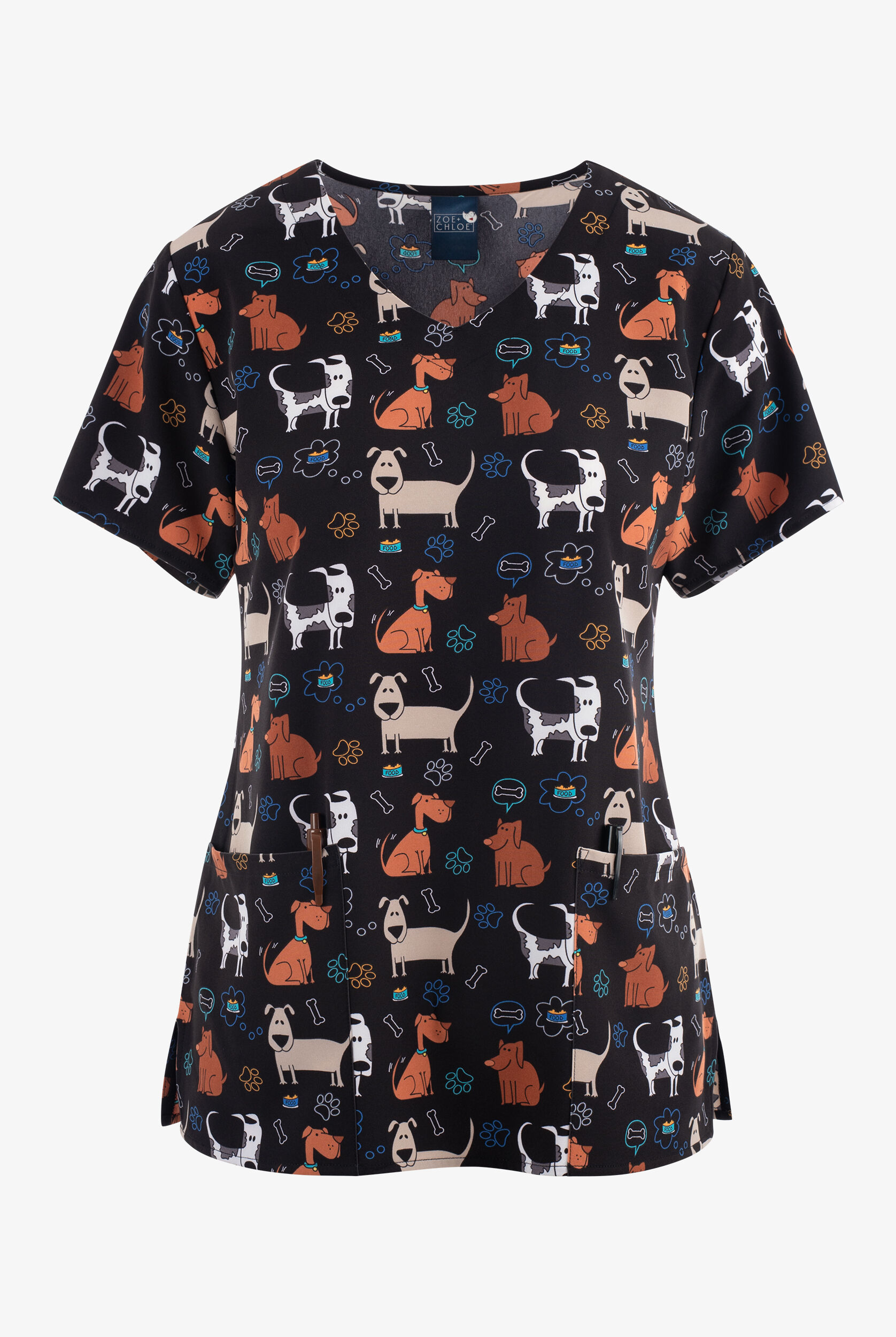 Zoe & Chloe Sleeping Dog Women's 2-Pocket STRETCH V- Neck Print Scrub ...