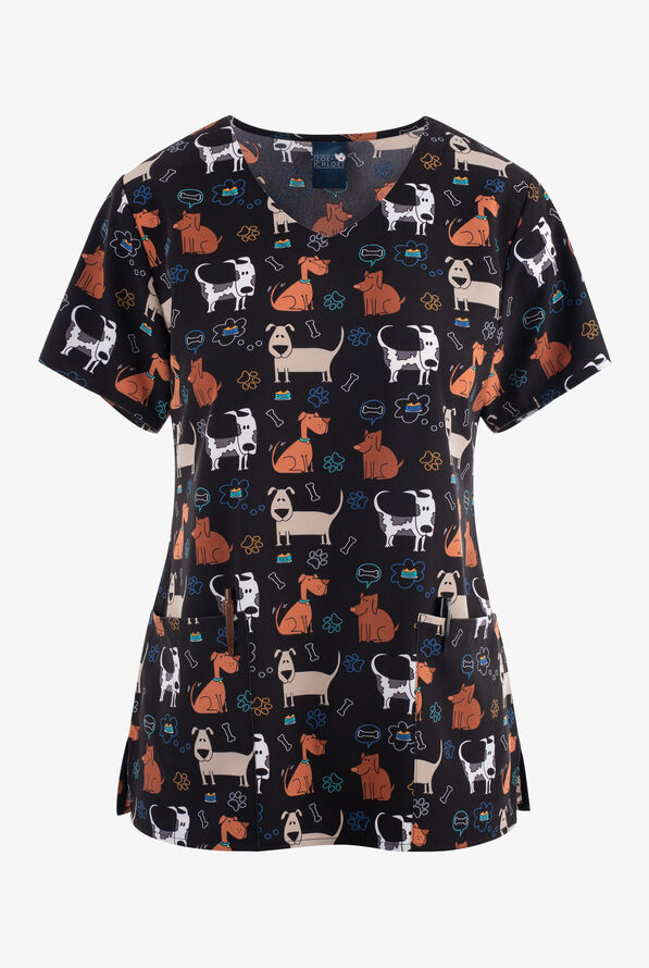 Zoe & Chloe Sleeping Dog Women's 2-Pocket STRETCH V- Neck Print Scrub ...