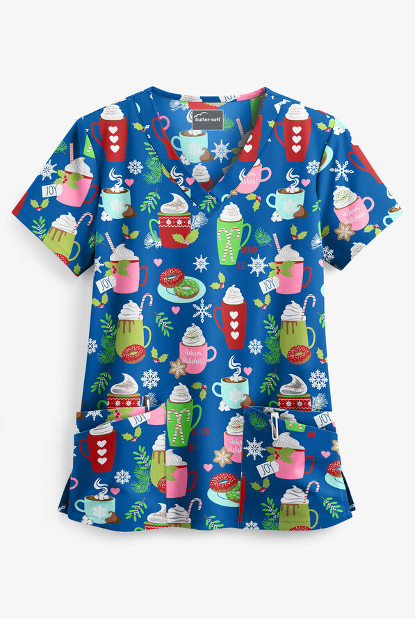 Butter-Soft Holiday Coco Royal V-Neck Print Scrub Top, Holiday Scrubs