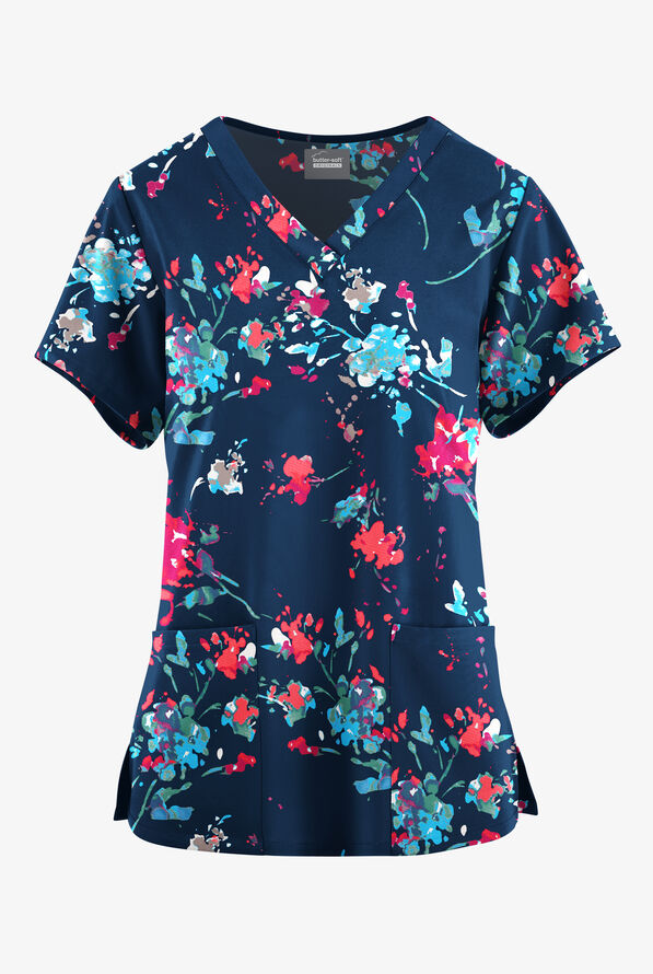 Butter-Soft Originals Floral Splash Navy Women's 4-Pocket Rounded V ...