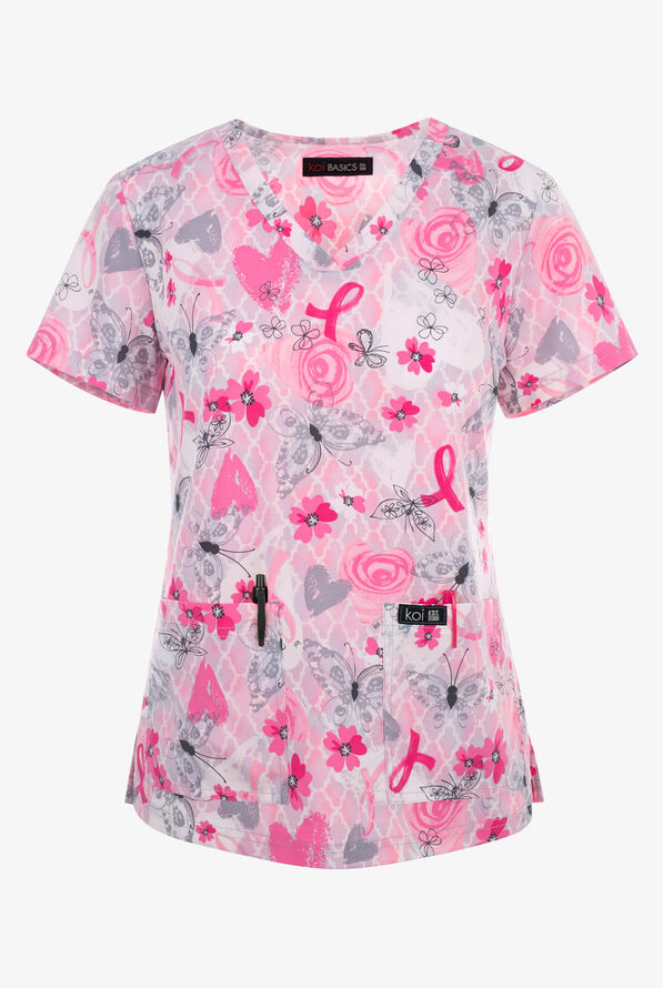koi Basics BCRF Pretty Ribbon Women's 2-Pocket STRETCH V-Neck Print ...