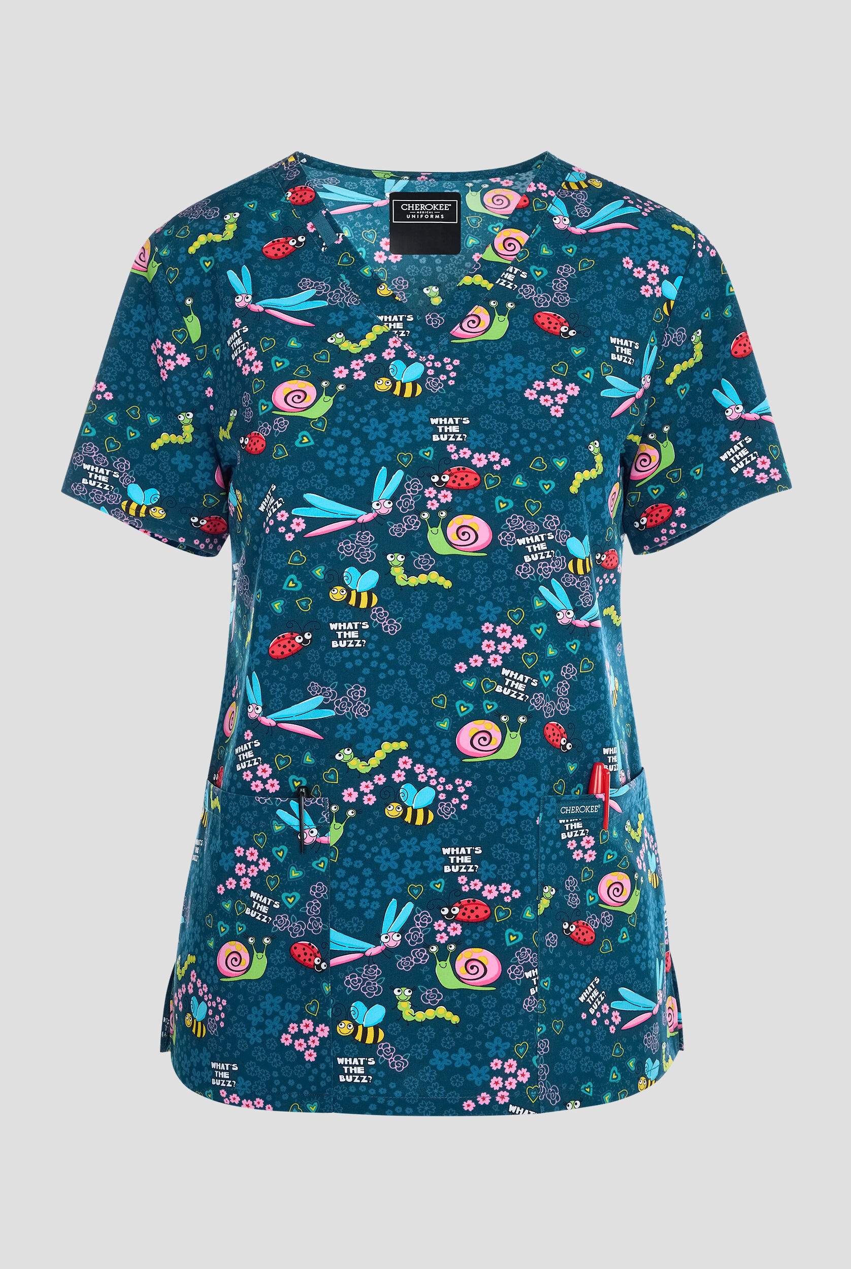 Cherokee What's The Buzz Women's 2-Pocket STRETCH V-Neck Print Scrub ...