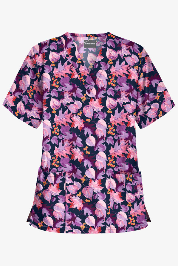 Butter-Soft September Leaves Navy Women's 2-Pocket V-Neck Print Scrub ...