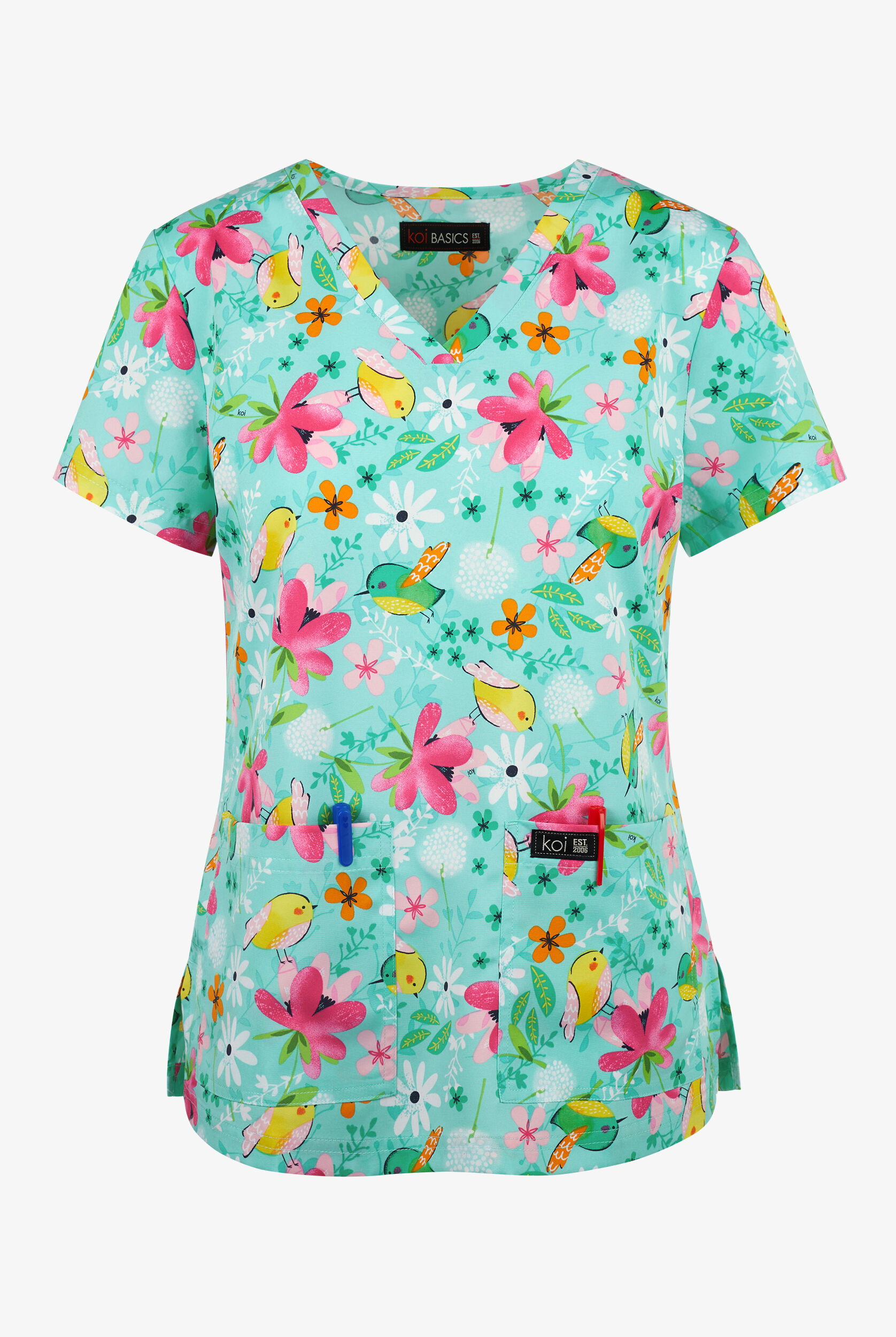 koi Basics Sweety Tweety Floral Women's 2-Pocket STRETCH V-Neck Print ...