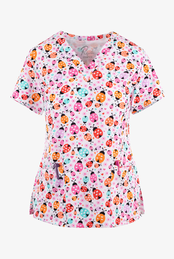 Maevn Ladybug Dance Women's 3-Pocket V-Neck Print Scrub Top, Stretch Prints
