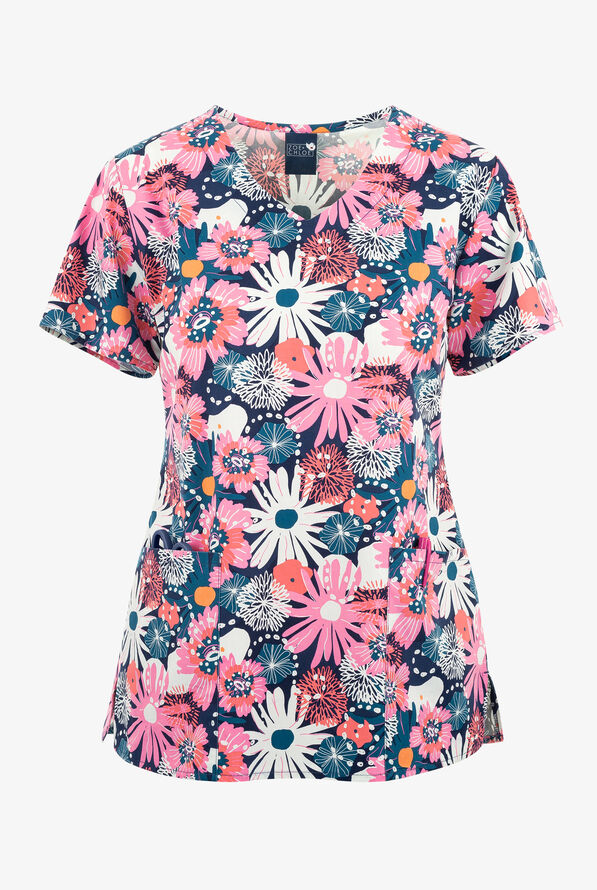 Zoe & Chloe Grow Wild Floral Women's 2-Pocket V-Neck Print Scrub Top ...