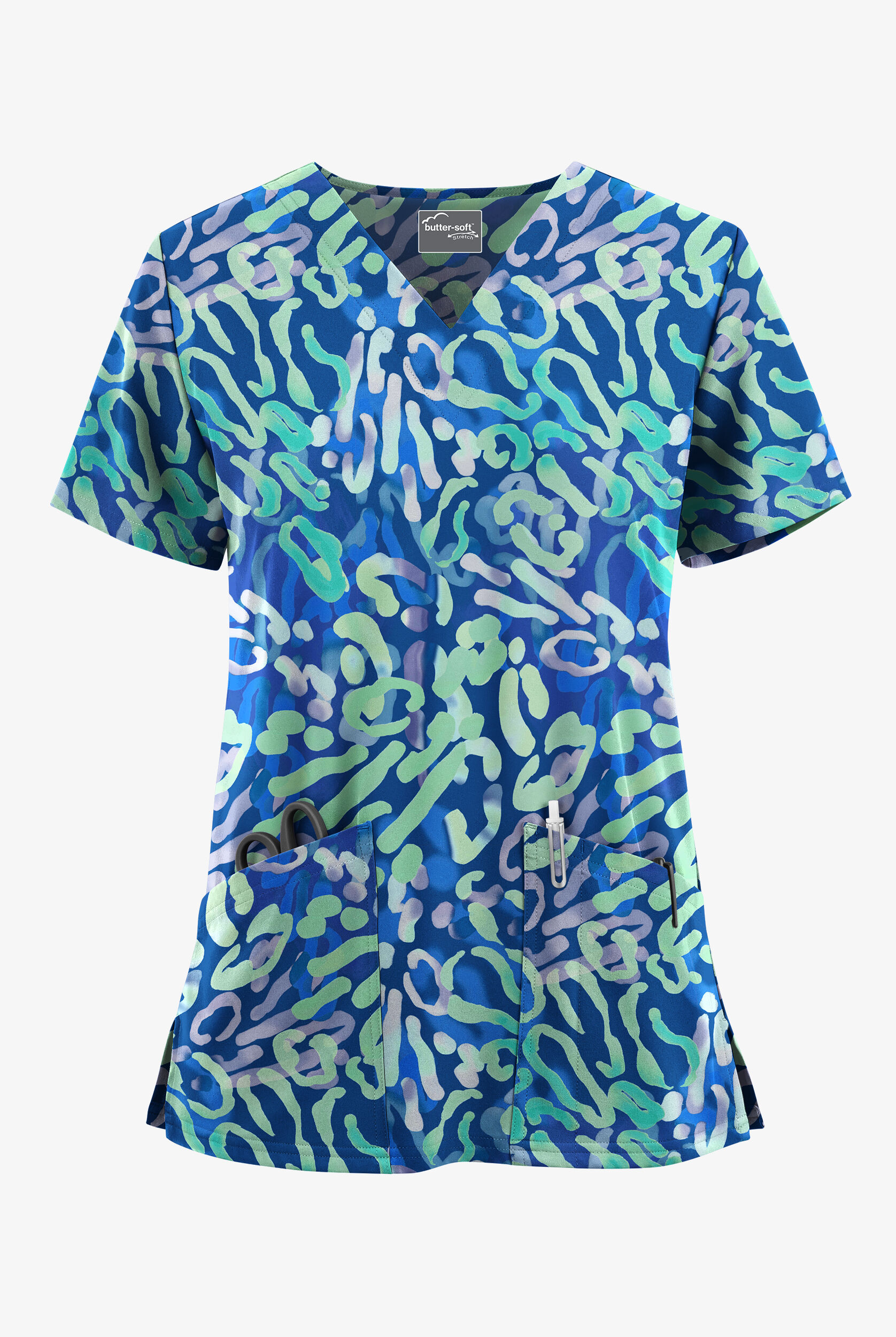UA Butter-Soft STRETCH Confetti Time Royal Women's V-Neck 2 Pocket Top ...