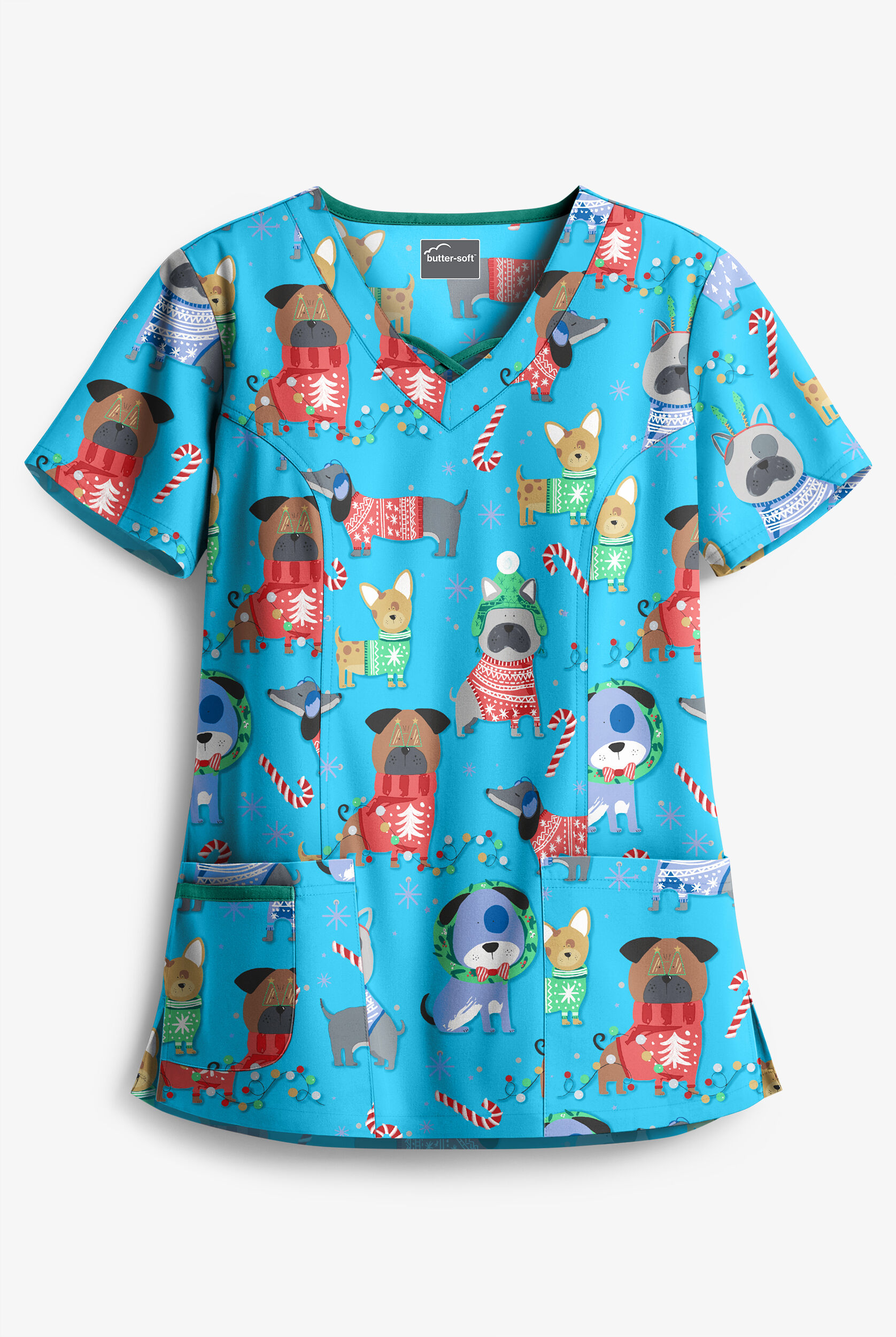Butter-Soft Cuddly Pups Turquoise Criss Cross Top, Winter Scrubs