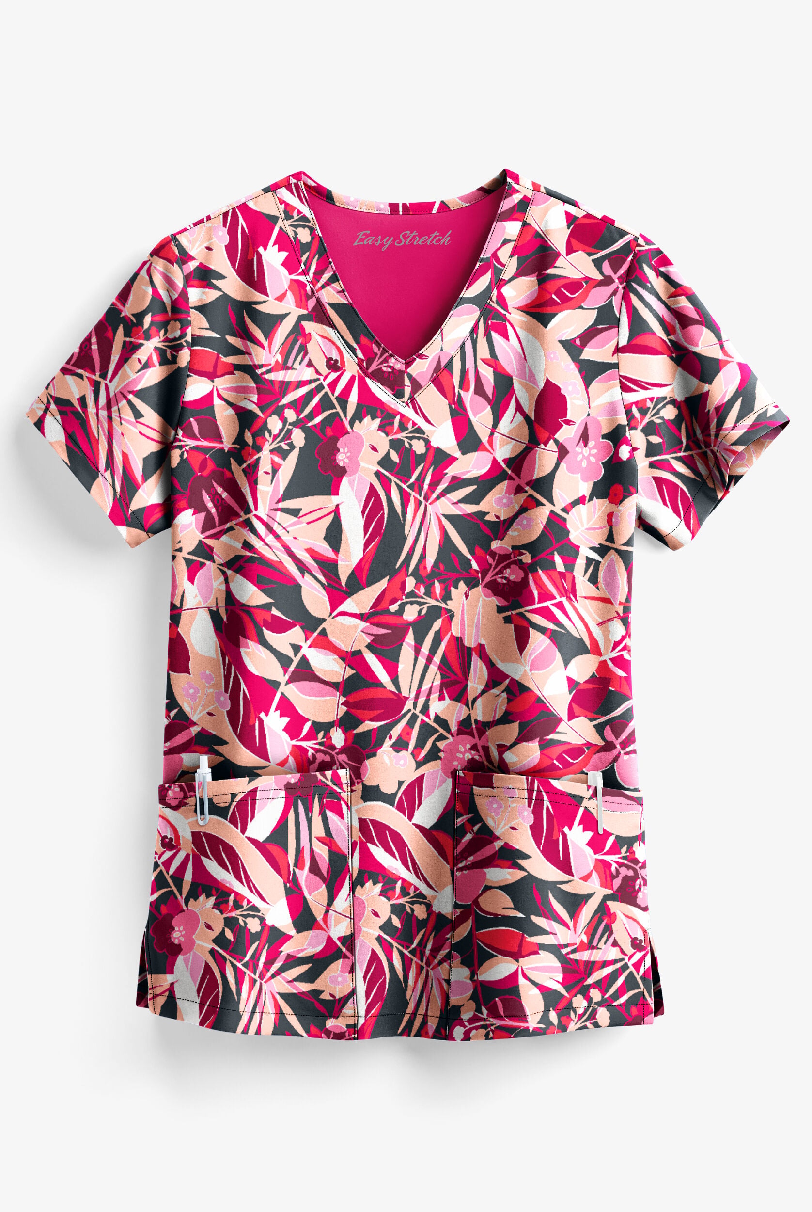 Easy STRETCH Tropical Floral Pewter Print Scrub Top, Stretch Scrubs