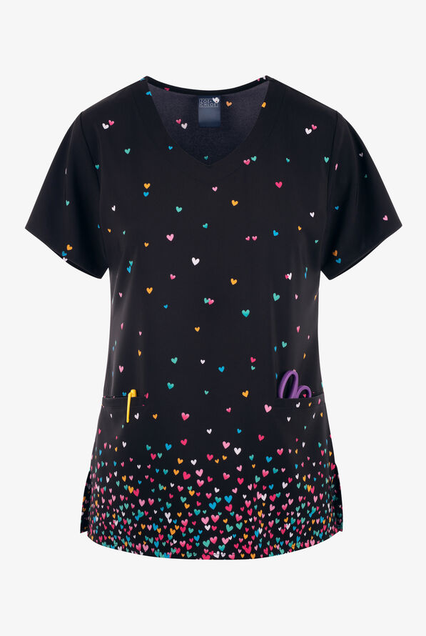 Zoe & Chloe Confetti Hearts Women's 2-Pocket STRETCH V-Neck Print Scrub ...