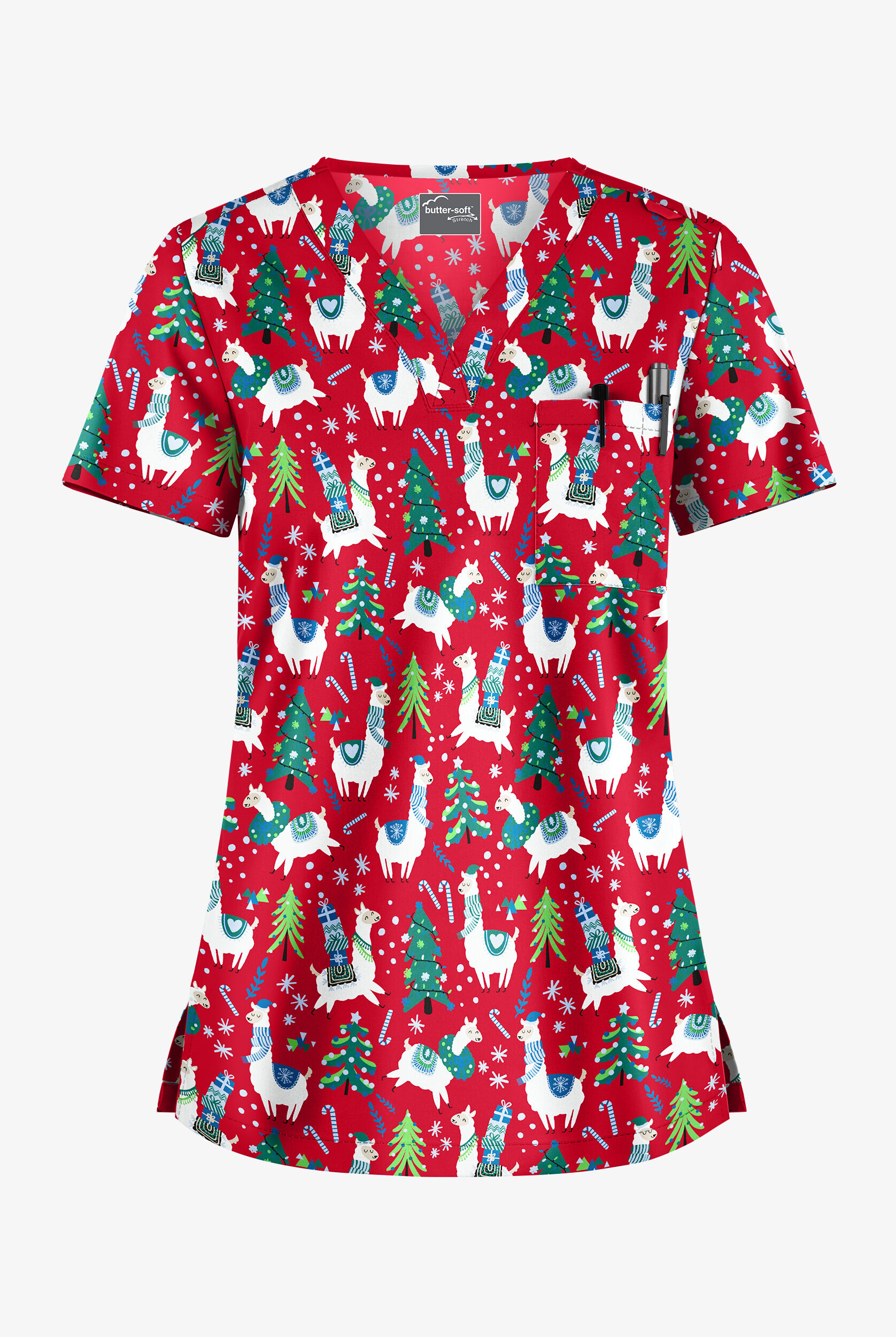 UA Butter-Soft STRETCH Holiday Llamas Red Women's 1-Pocket Print Scrub ...