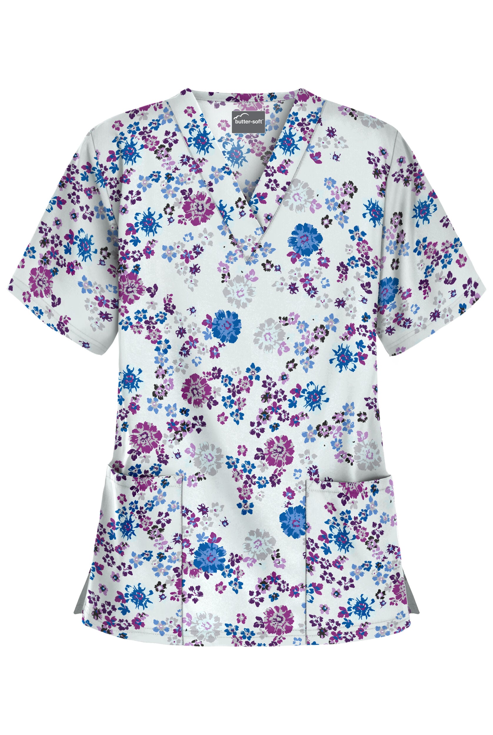 Butter-Soft Romanov Floral White 2-Pocket V-Neck Top, Floral Scrubs
