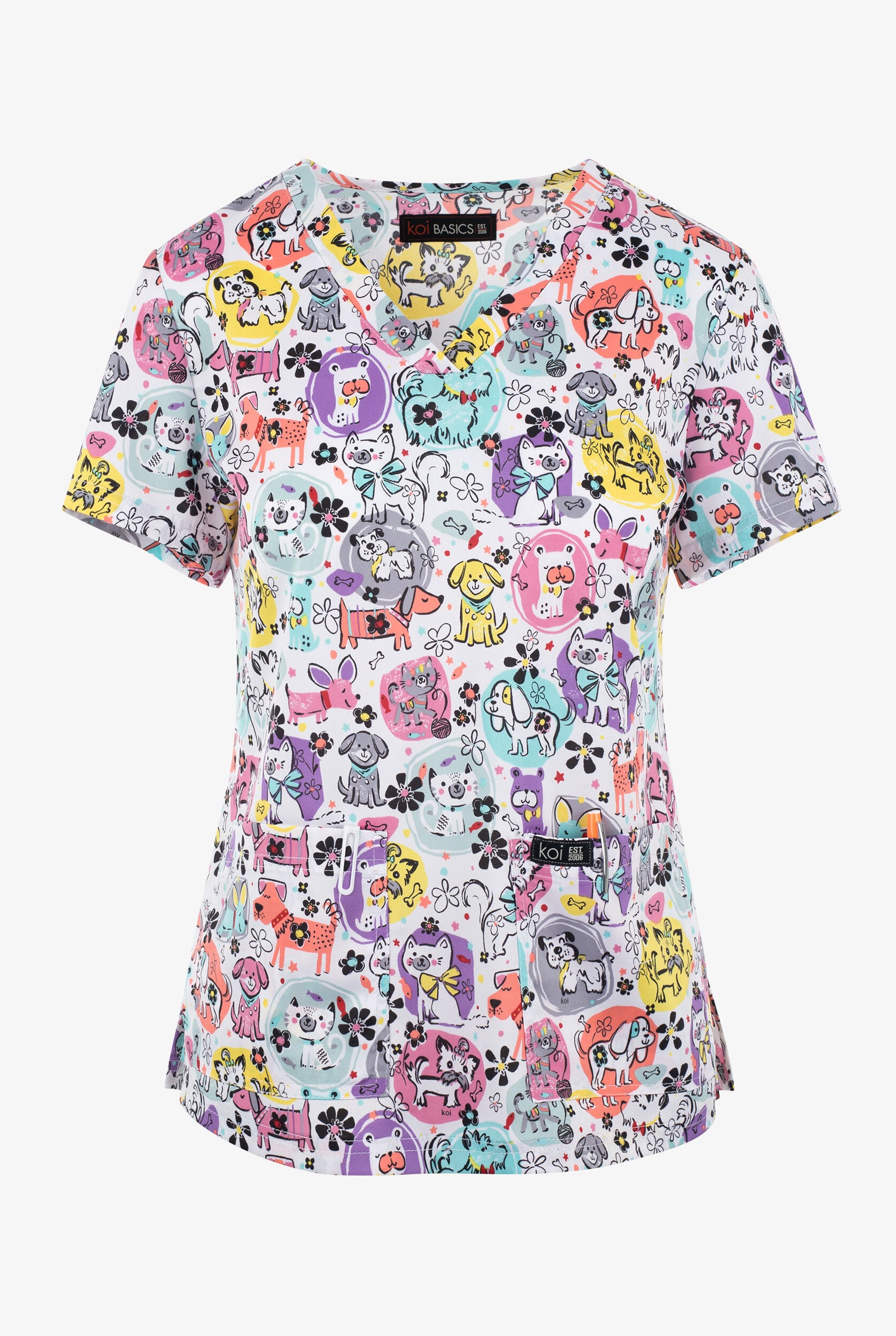 koi Basics Fur Baby Bunch Women's 2-Pocket STRETCH V-Neck Print Scrub ...