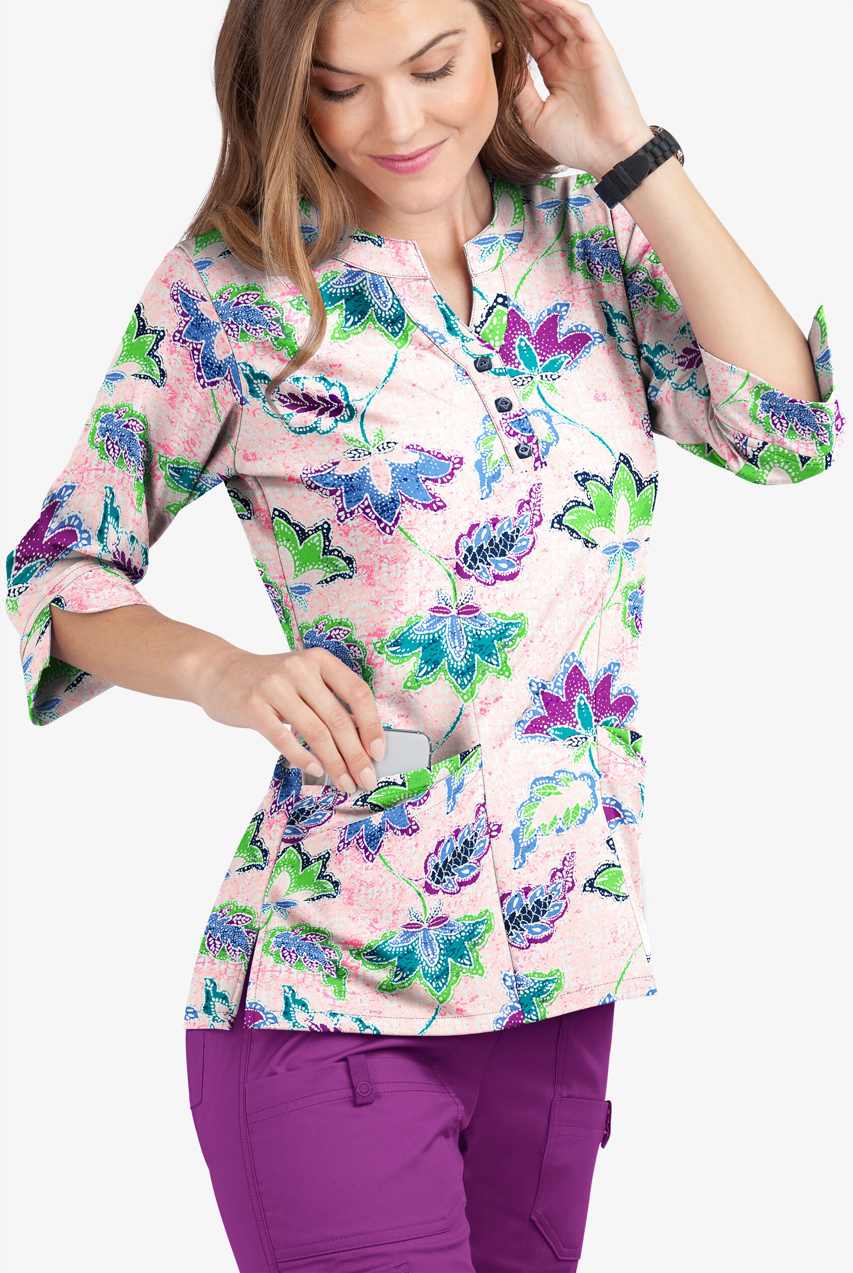Butter-Soft Chalked Floral Lotus 3/4 Sleeve Print Scrub Top, Print Scrubs