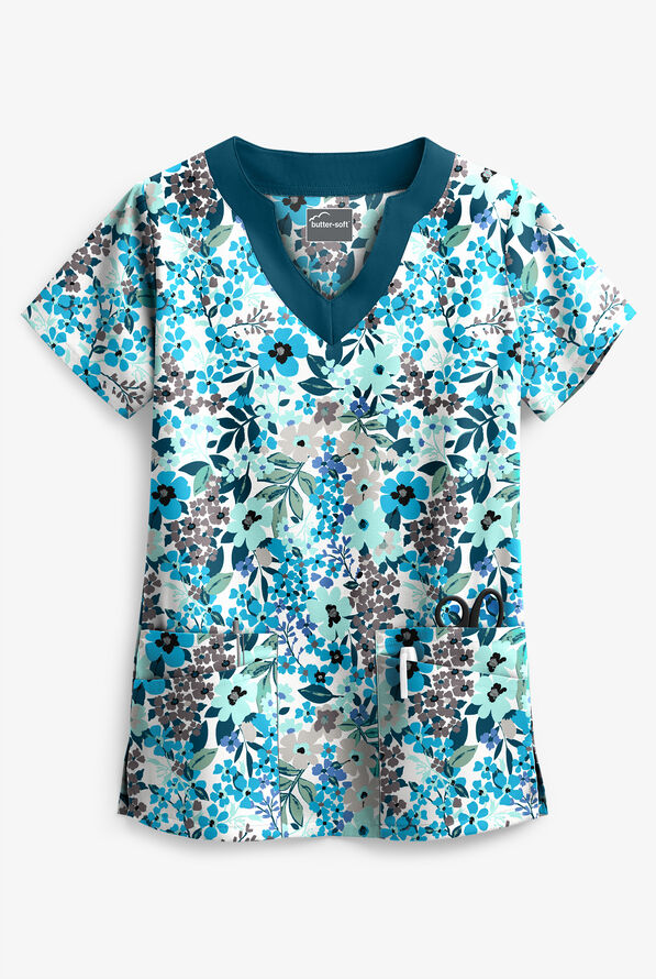 Butter-Soft Blooming Flowers White Print Scrub Top, Floral Scrubs