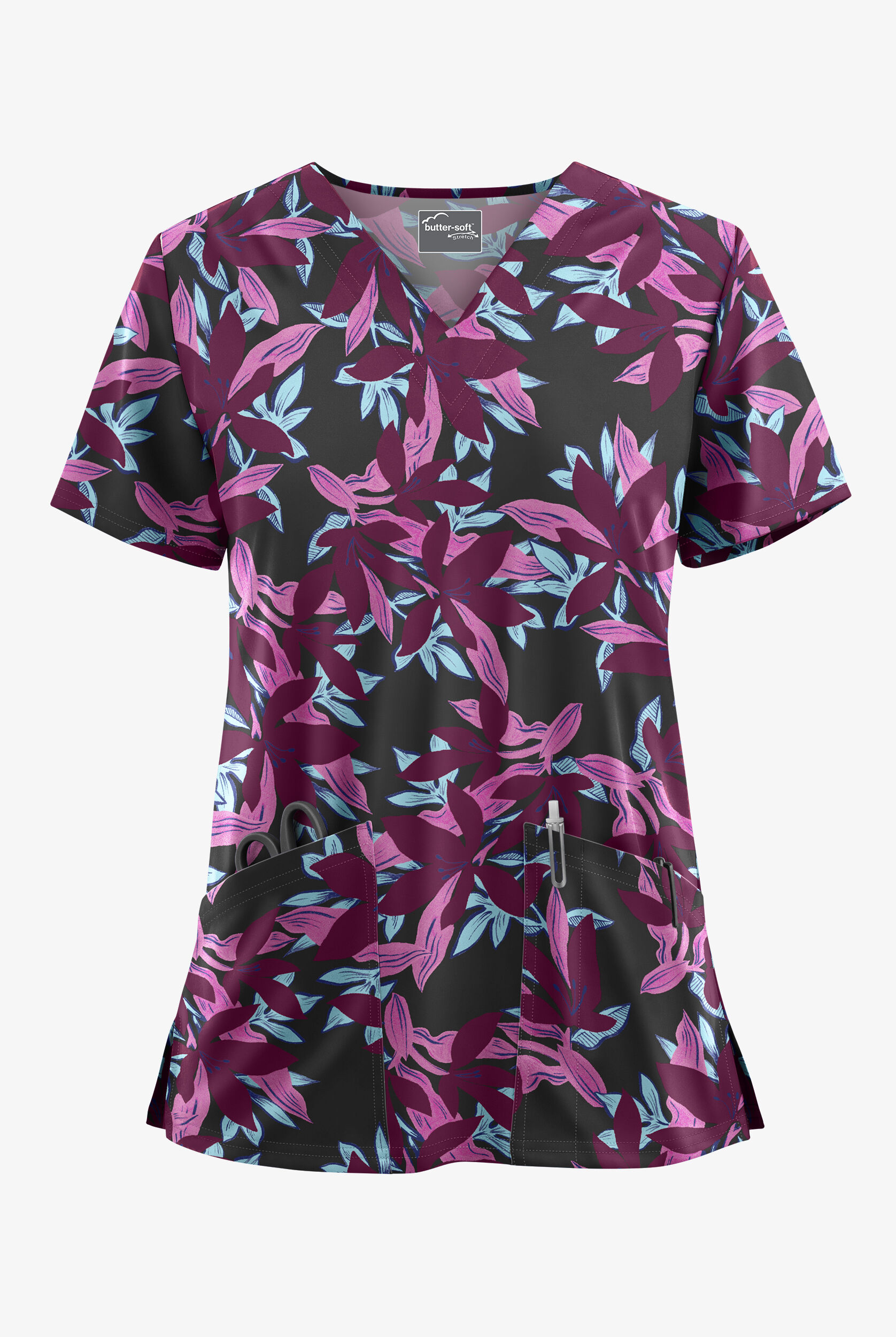 UA Butter-Soft STRETCH Happy Morning Floral Wine Women's 2-Pocket V ...