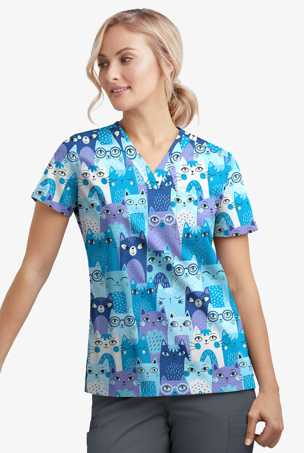 UA Butter-Soft STRETCH Kitty Cat Turquoise Women's 1-Pocket V-Neck Tuck ...