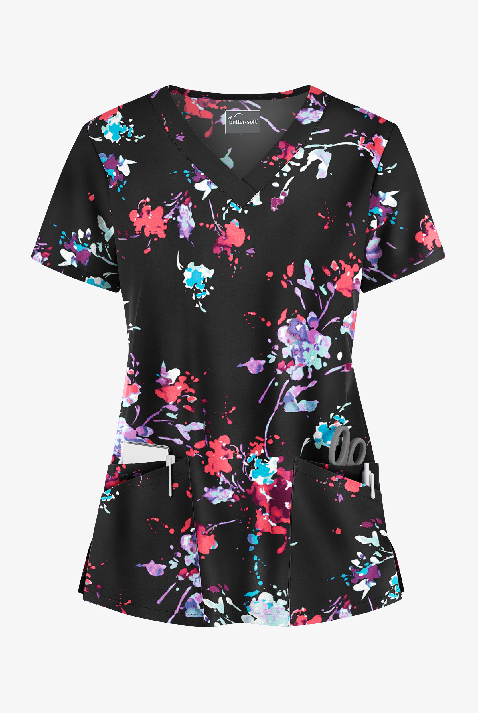 Butter-Soft Floral Splash Black V-Neck Print Scrub Top, Print Scrubs