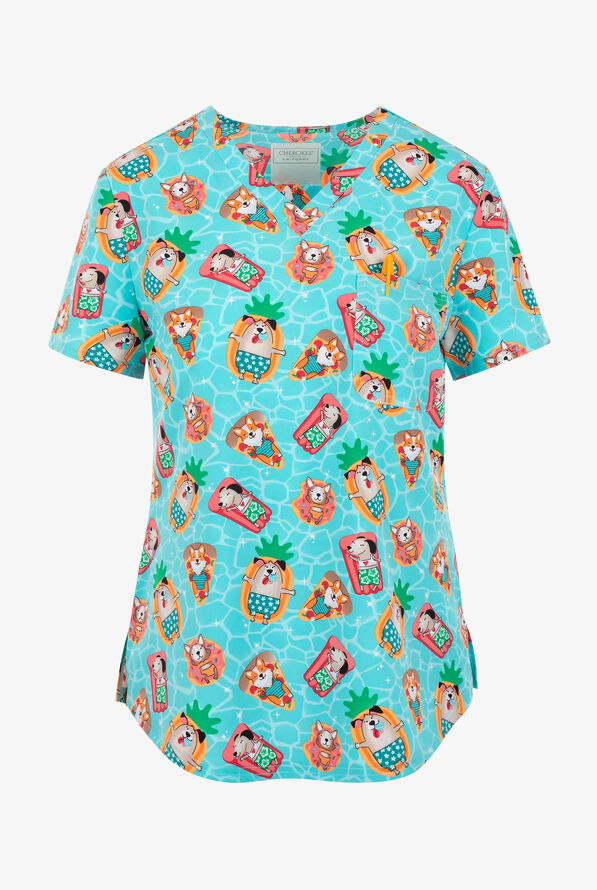 Cherokee Dogs Pool Paw-rty Women's 2-Pocket STRETCH V-Neck Print Scrub ...