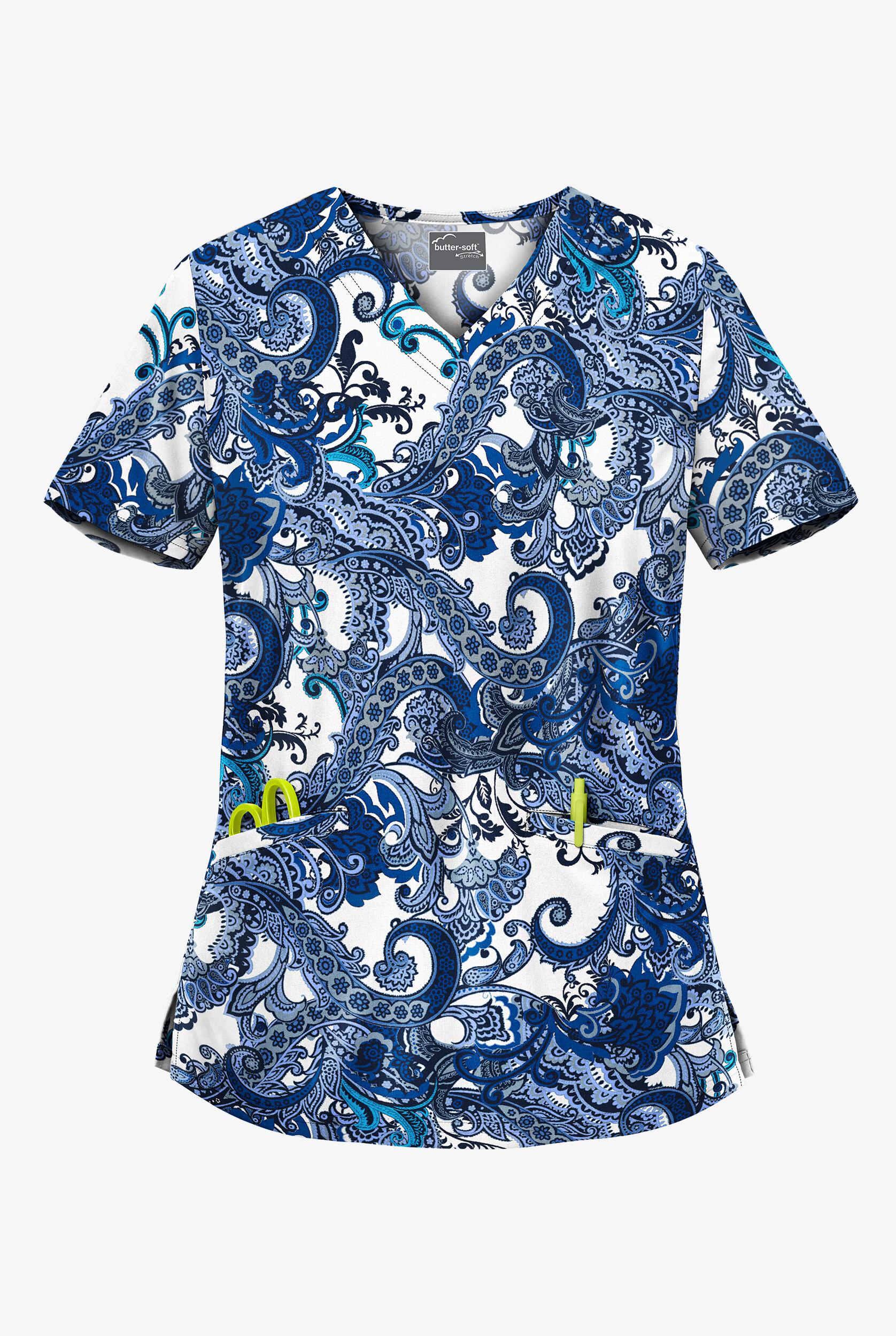 UA Butter-Soft STRETCH French Twist Ash Blue Print Top, Stretch Scrubs