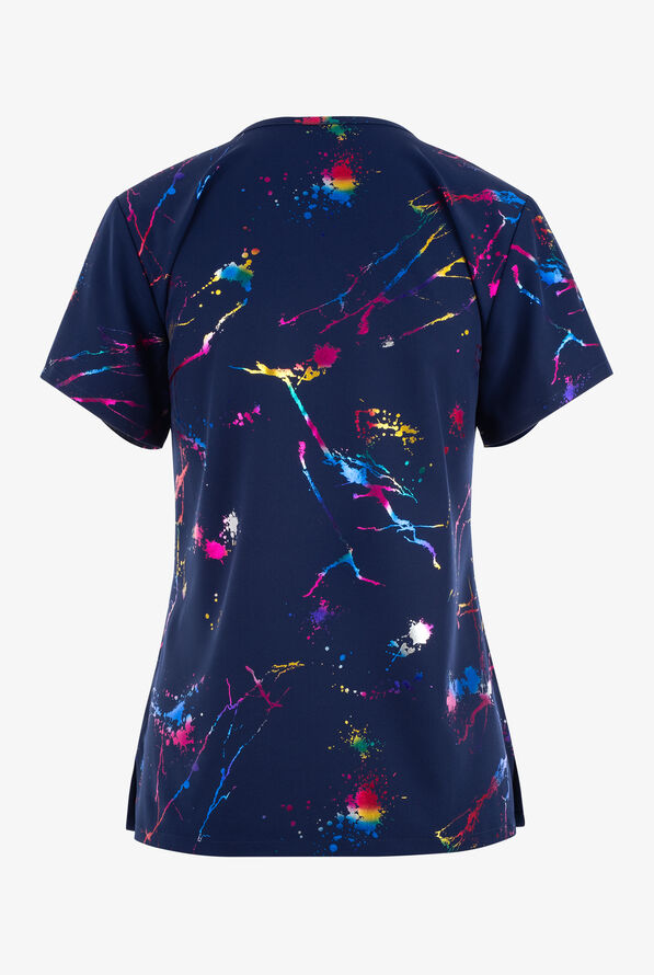 Zinnia Foil Splatter Navy Abstract Women's 3-Pocket STRETCH V-Neck ...