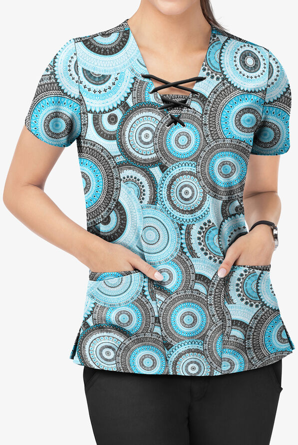 Easy STRETCH Mandala Rhodes Blue Print Scrub Top, Fashion Scrubs