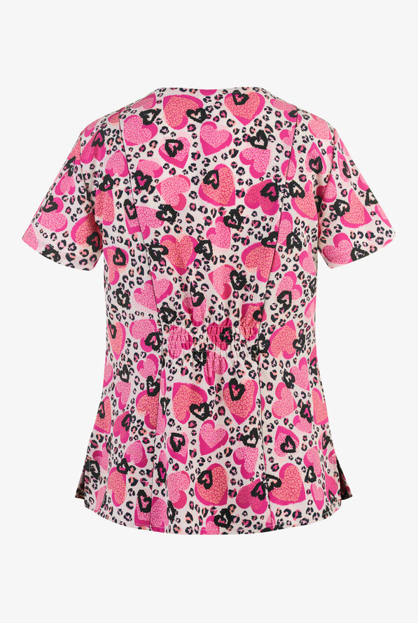 White Cross Leopard Hearts V-Neck Printed Scrub Top, Print Scrubs