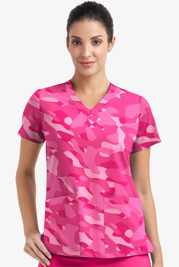 Easy Stretch Mitered Cloud Camo Flirt Women's 2-Pocket Print Scrub Top ...