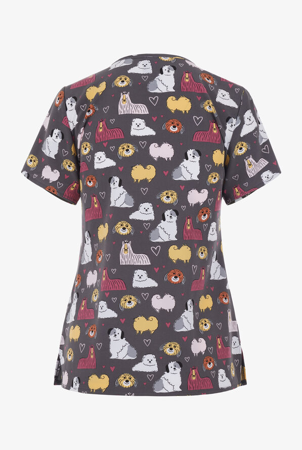 Zoe & Chloe Live, Love, Woof Women's 2-Pocket STRETCH Notch Neck Print ...
