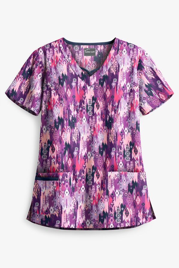 Butter-Soft Festive Ikat Eggplant Criss Cross Scrub Top, UA Scrubs